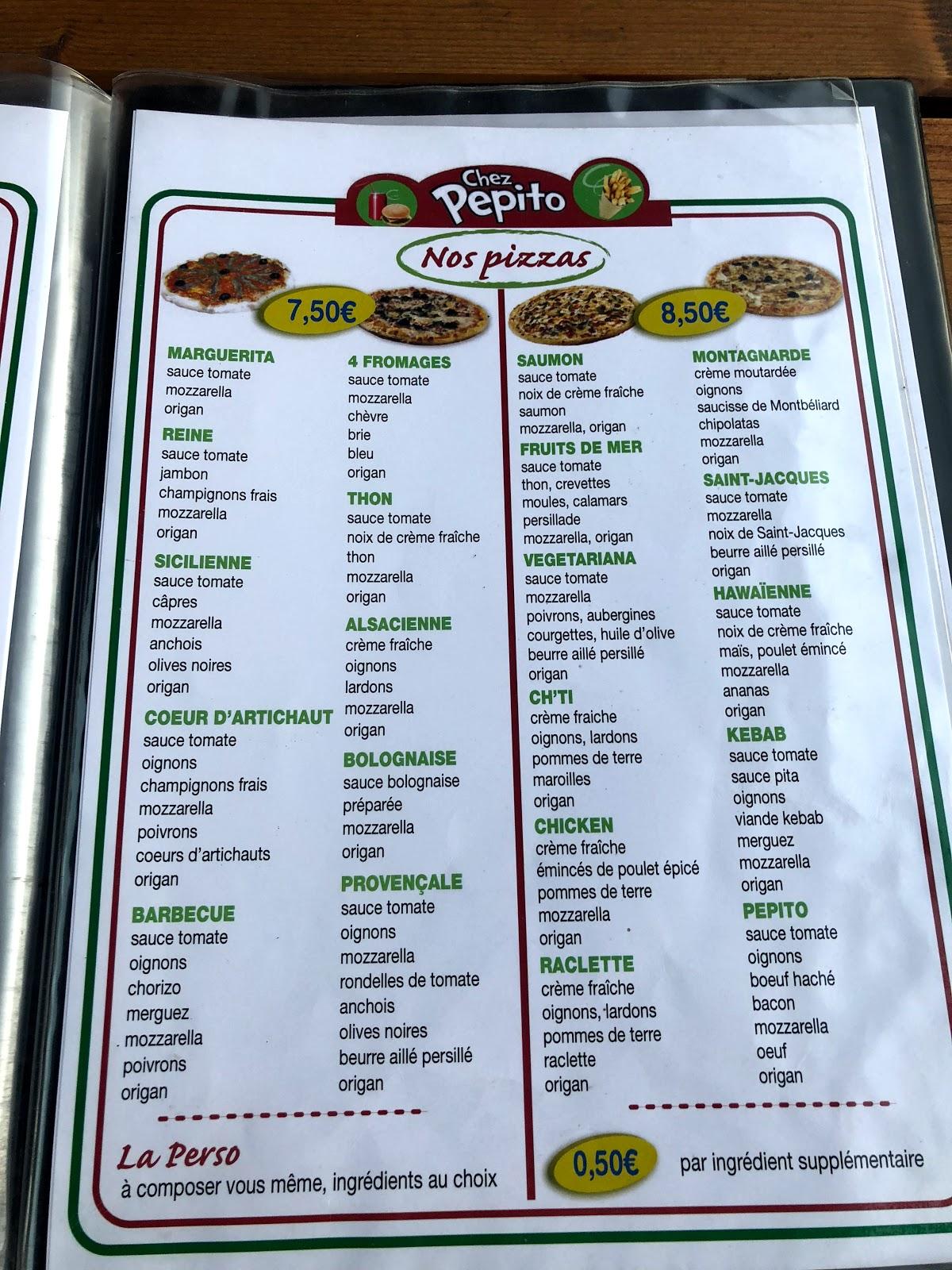 Menu au Chez Pepito fast food, Béthune