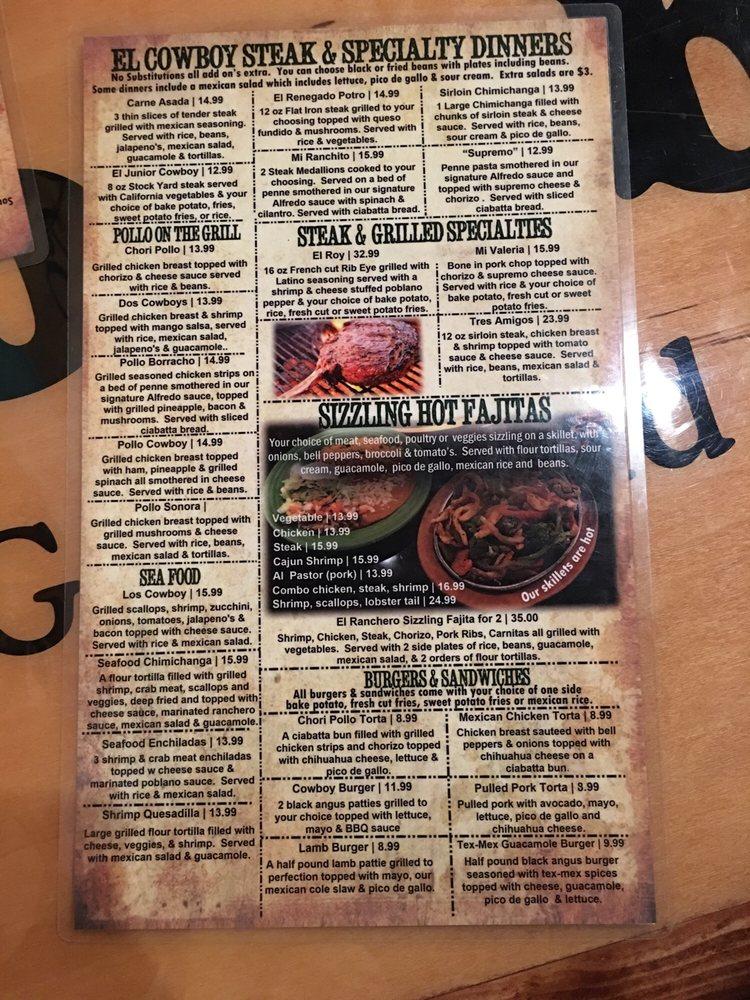 Menu at El Cowboy Tex Mex Grille restaurant, Austintown