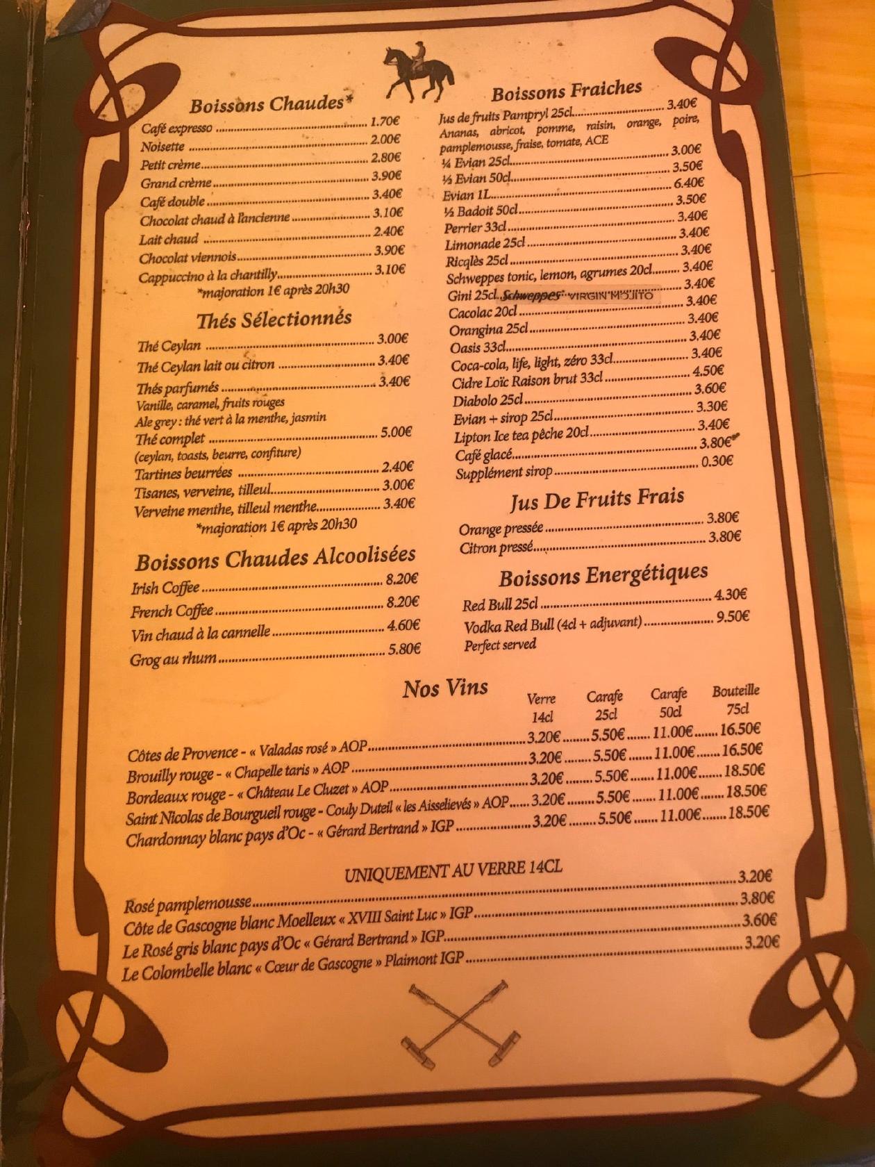 Menu au Le Sylvia pub et bar, Chantilly