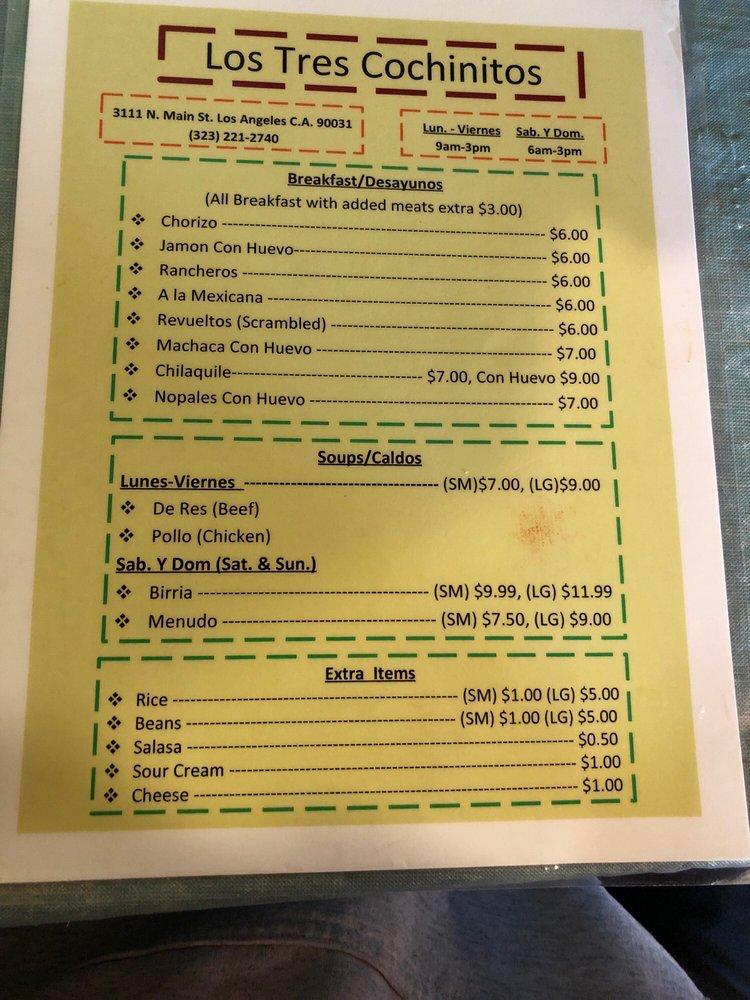 Carta de Los Tres Cochinitos Restaurant, Los Angeles, N Main St