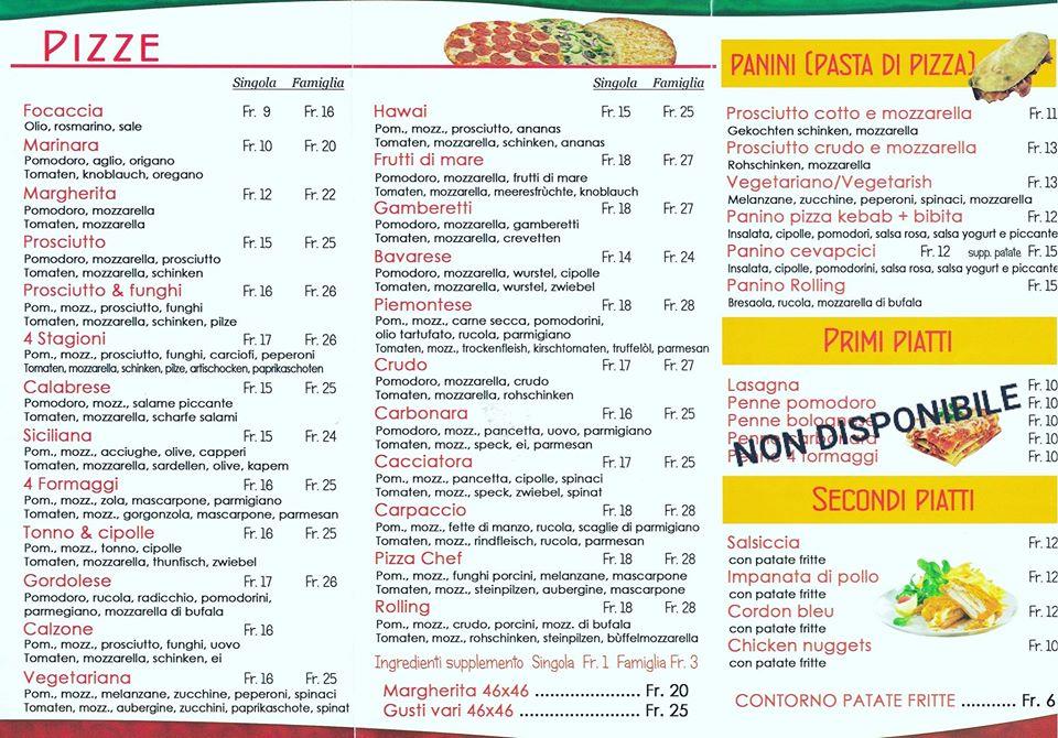 Menu at Rolling Pizza, Gordola