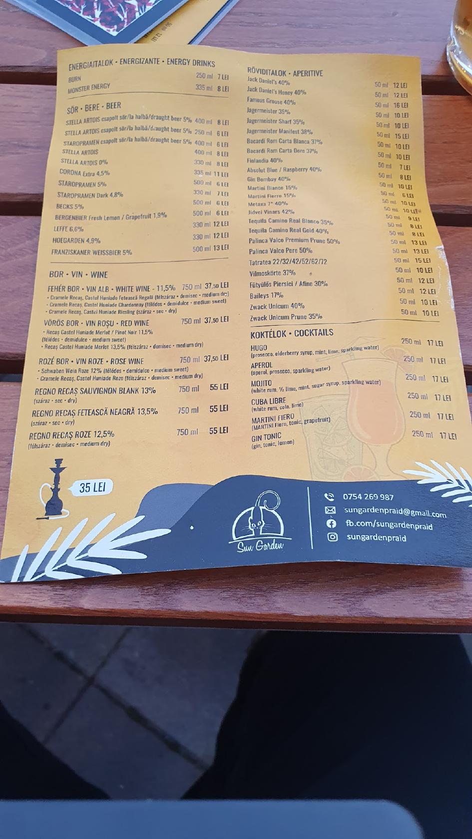 Menu at Sun Garden, Praid