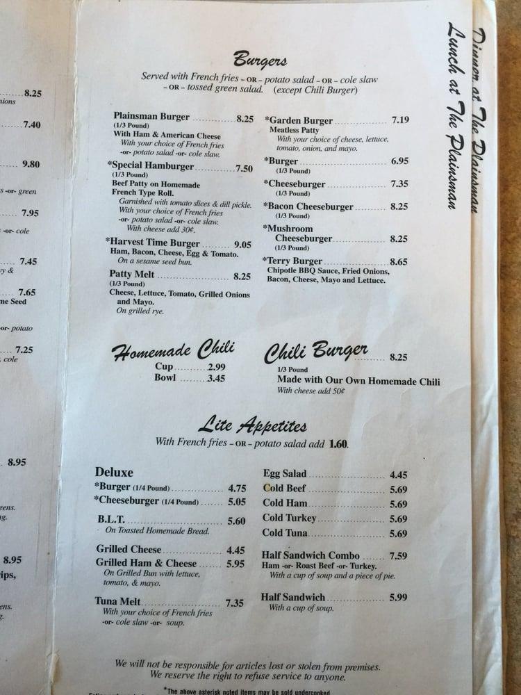 Menu at The Plainsman restaurant, Vancouver