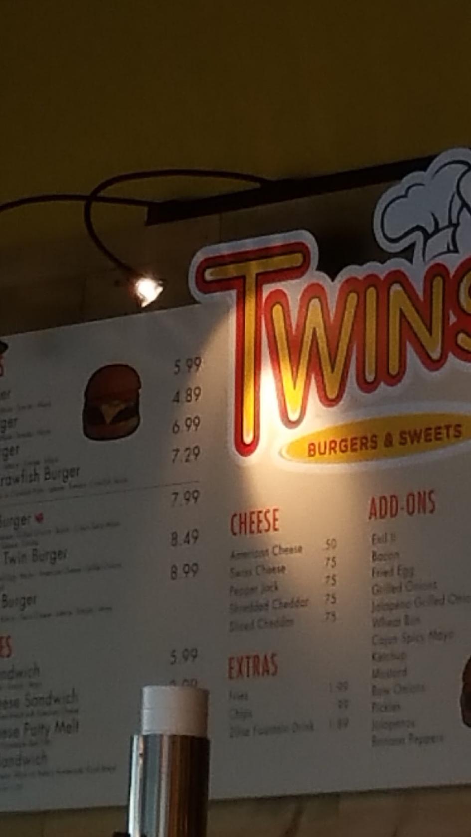 Menu at Twin's Burgers and Sweets restaurant, Youngsville