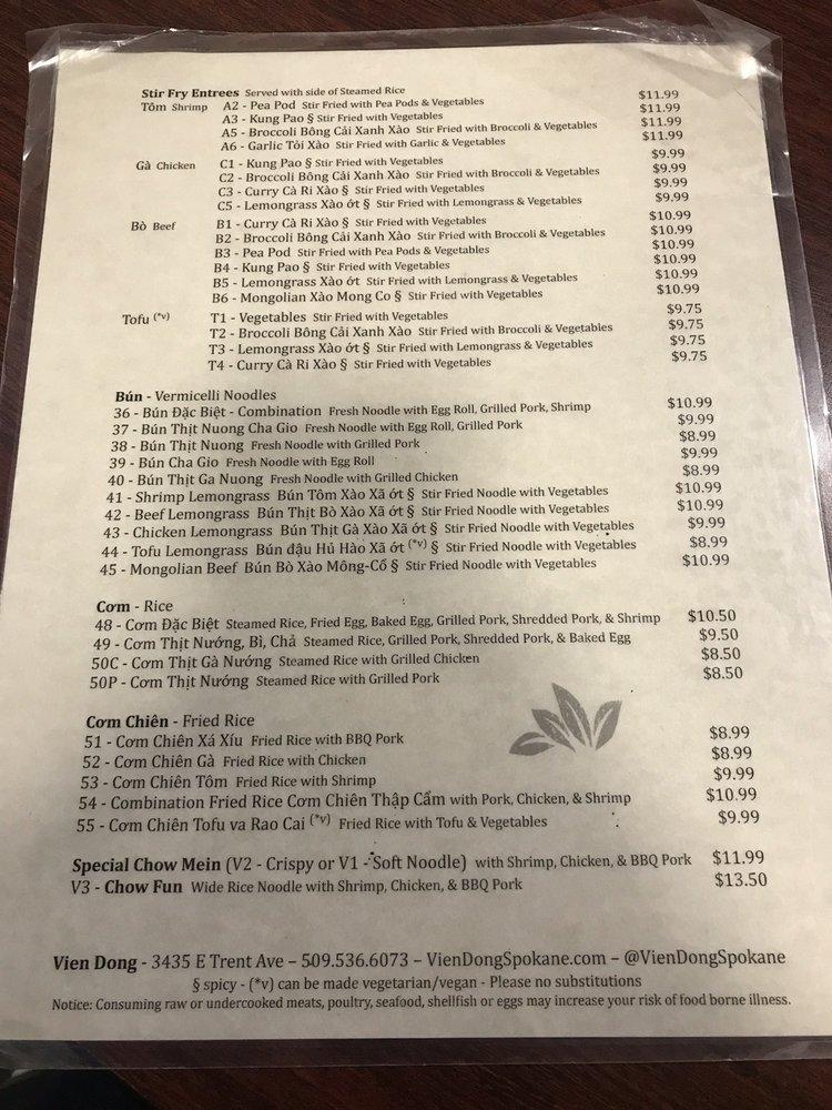 Menu at Vien Dong Restaurant, Spokane, E Trent Ave