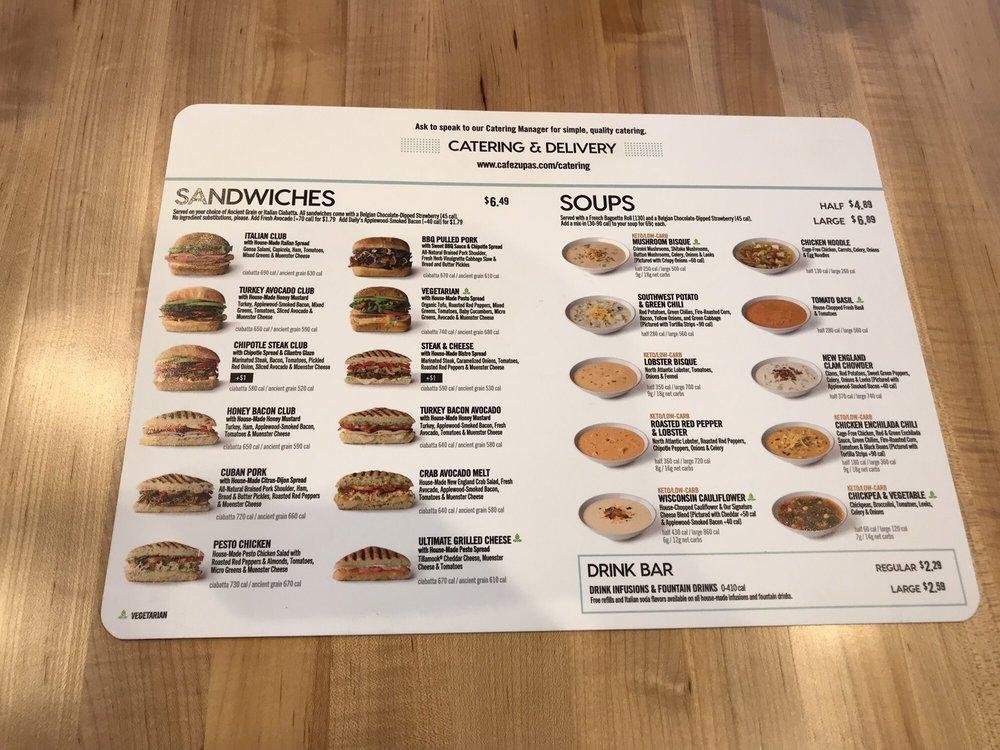 Menu at Café Zupas restaurant, Vernon Hills