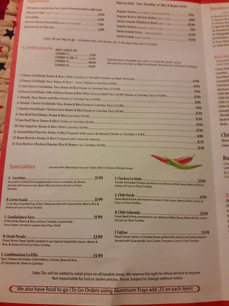 Menu at La Villa Mexican Food restaurant, Gardena, Crenshaw Blvd