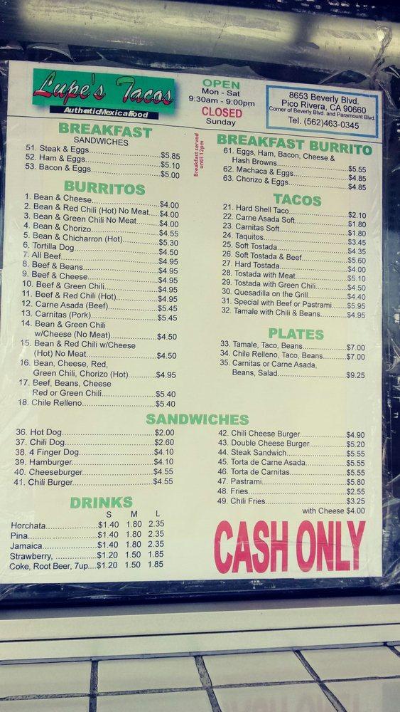 Menu at Lupe's Restaurant, Pico Rivera