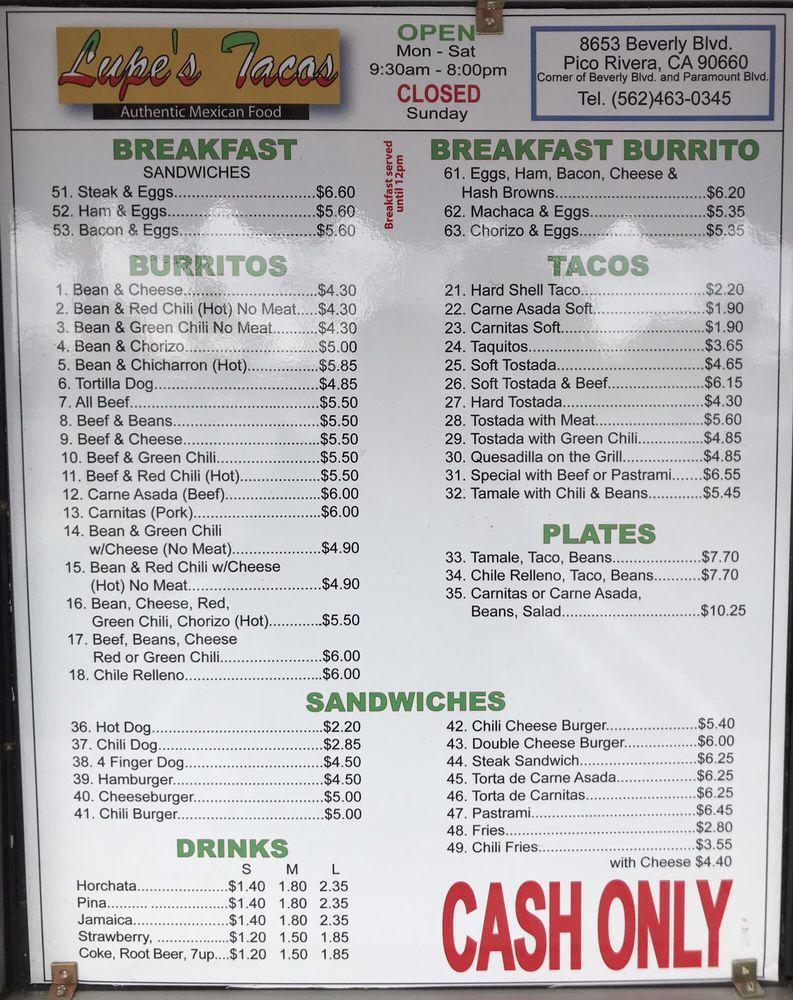 Menu at Lupe's Restaurant, Pico Rivera