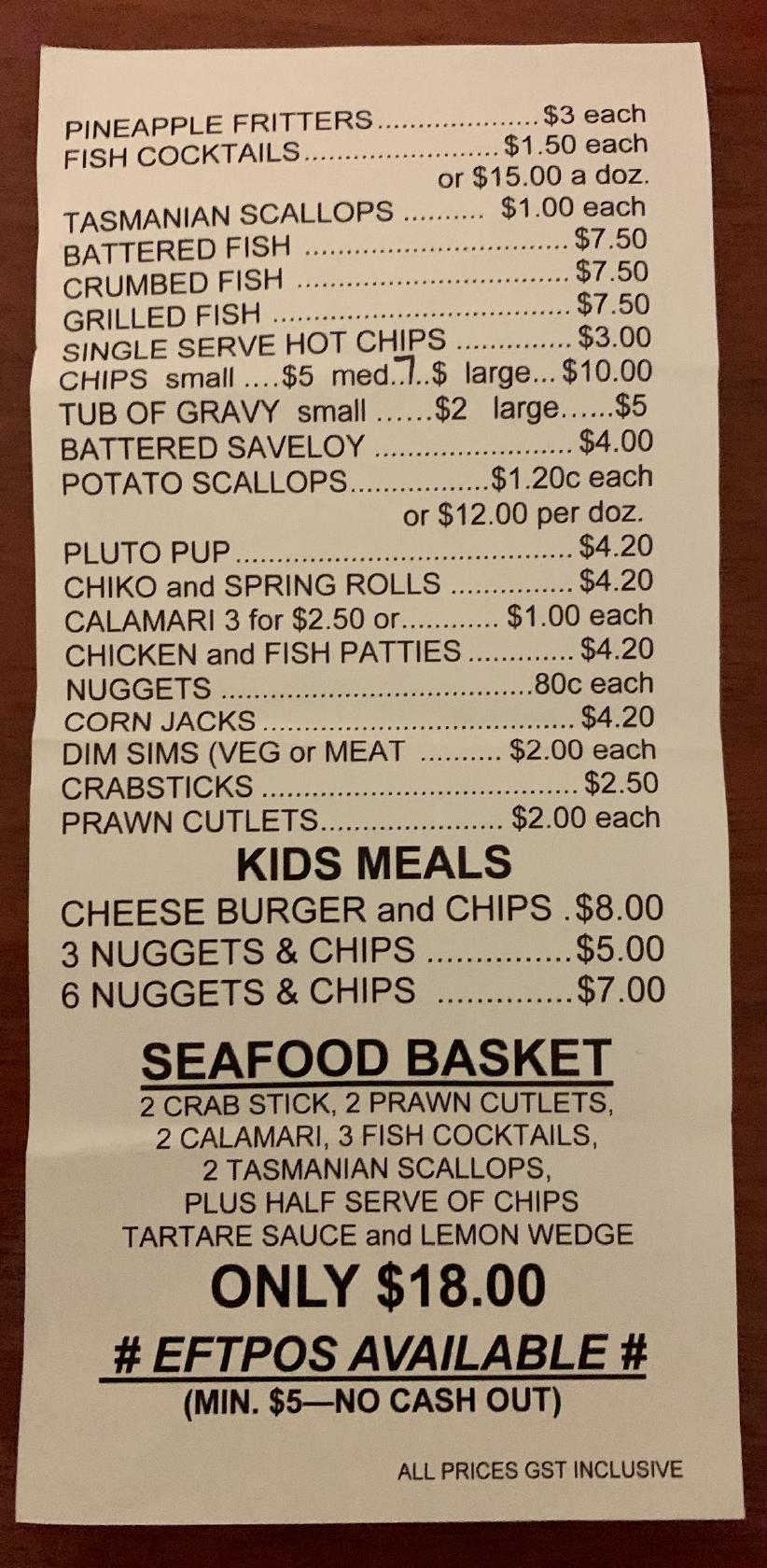 Menu at Pacific Sea Foods fast food, Wellington