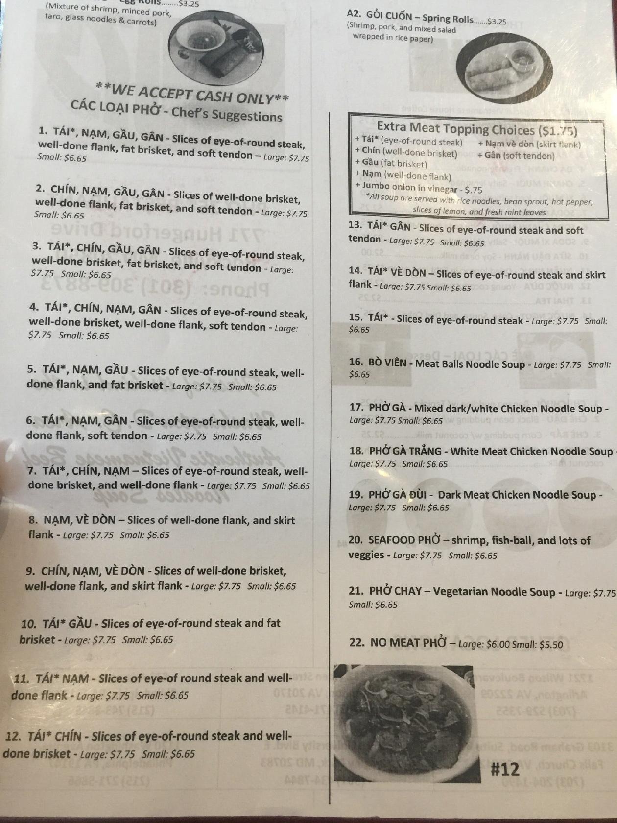 Menu at Pho 75 restaurant, Rockville