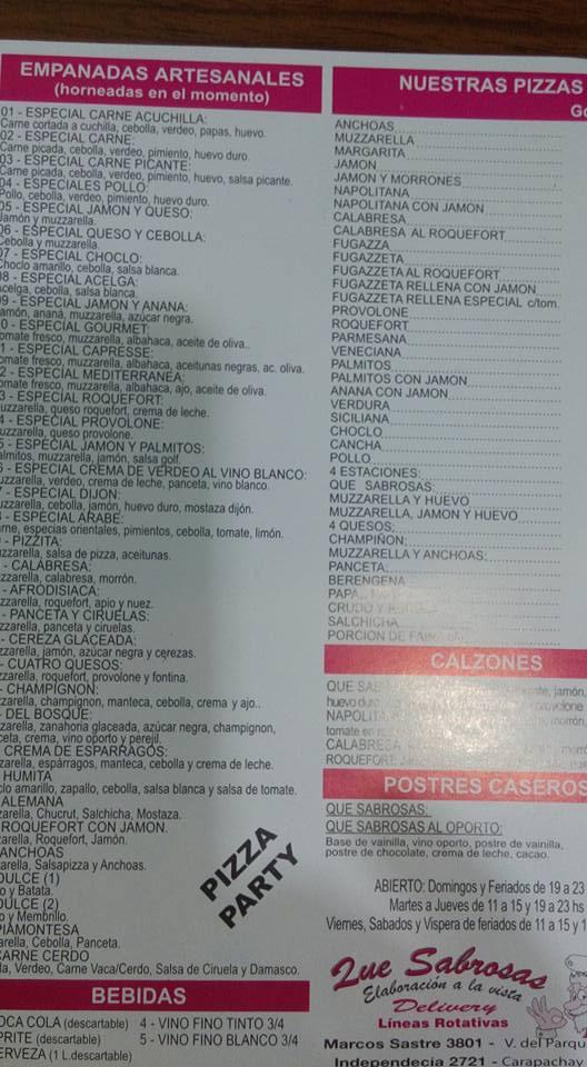 Menu at Que sabrosas restaurant, Carapachay