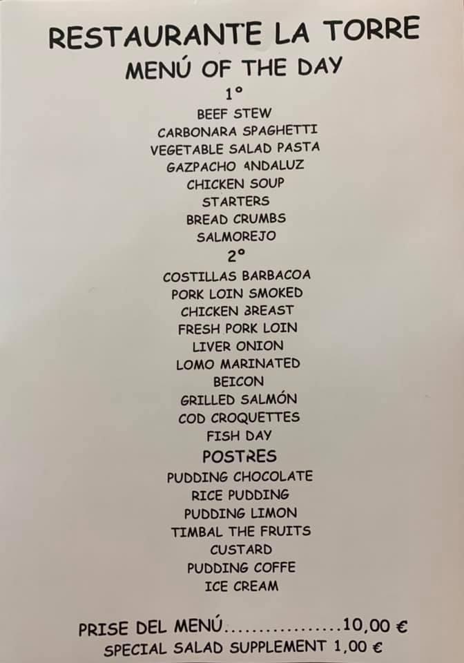 Menu at Restaurante la Torre, Pinoso