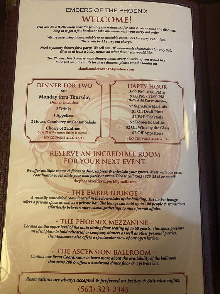 Menu at The Phoenix Restaurant & Martini Bar, Davenport