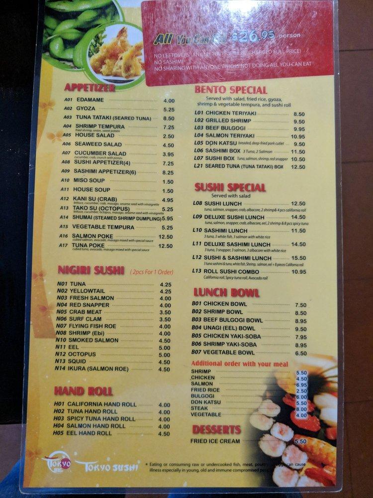 Menu at Tokyo Sushi restaurant, Daleville