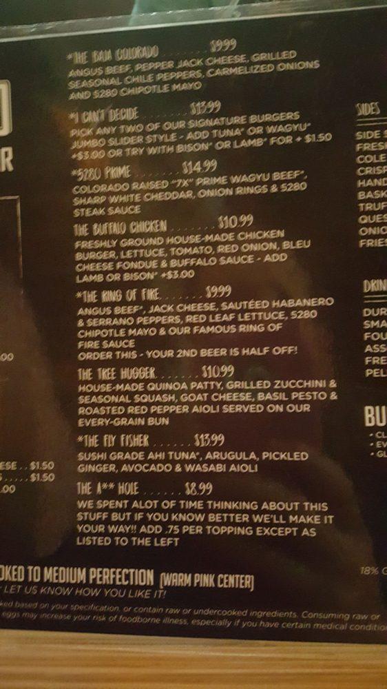 Menu at 5280 Burger Bar, Denver, 500 16th St Mall Suite 160
