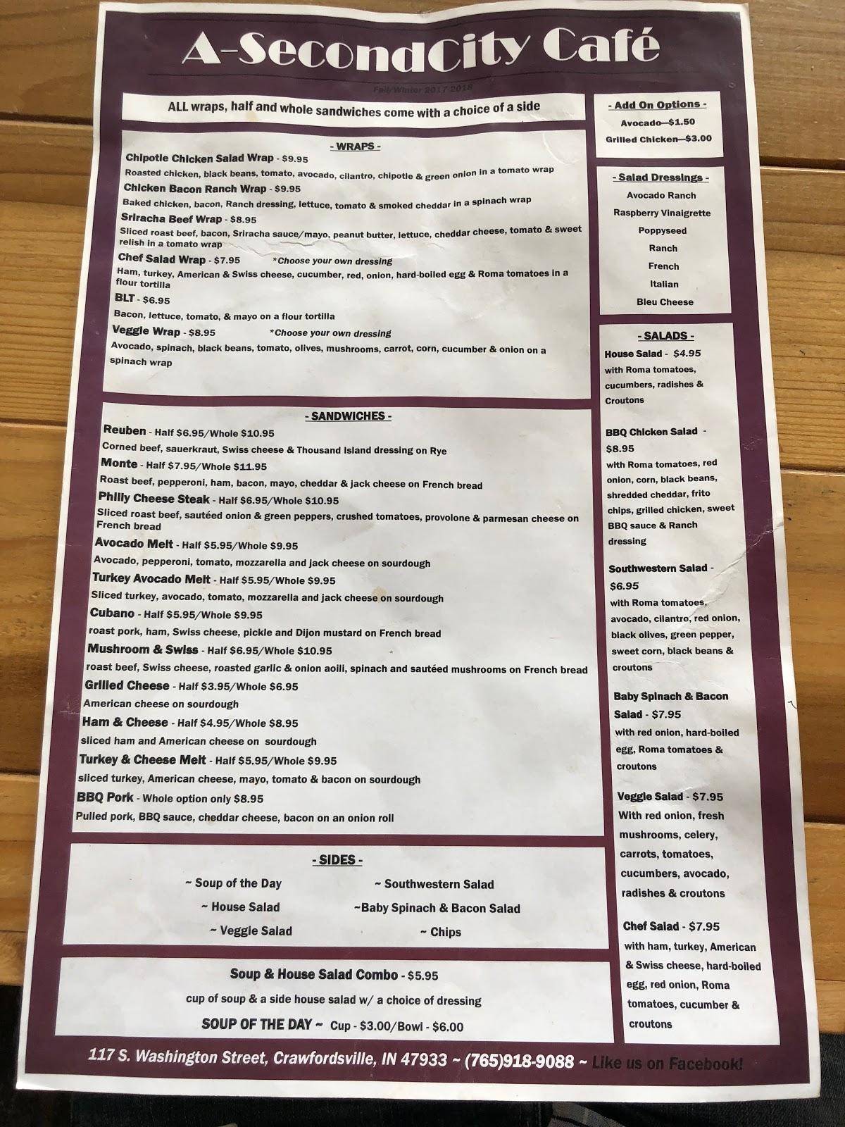 Menu at A-SecondCity Cafe, Crawfordsville