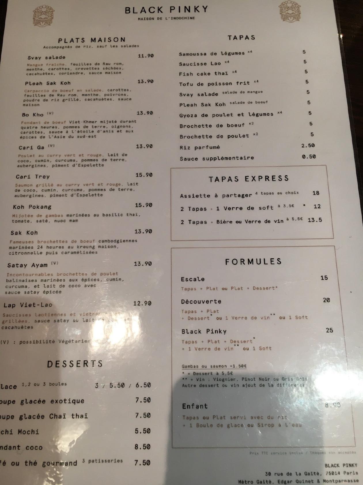 Menu au Black Pinky restaurant, Paris