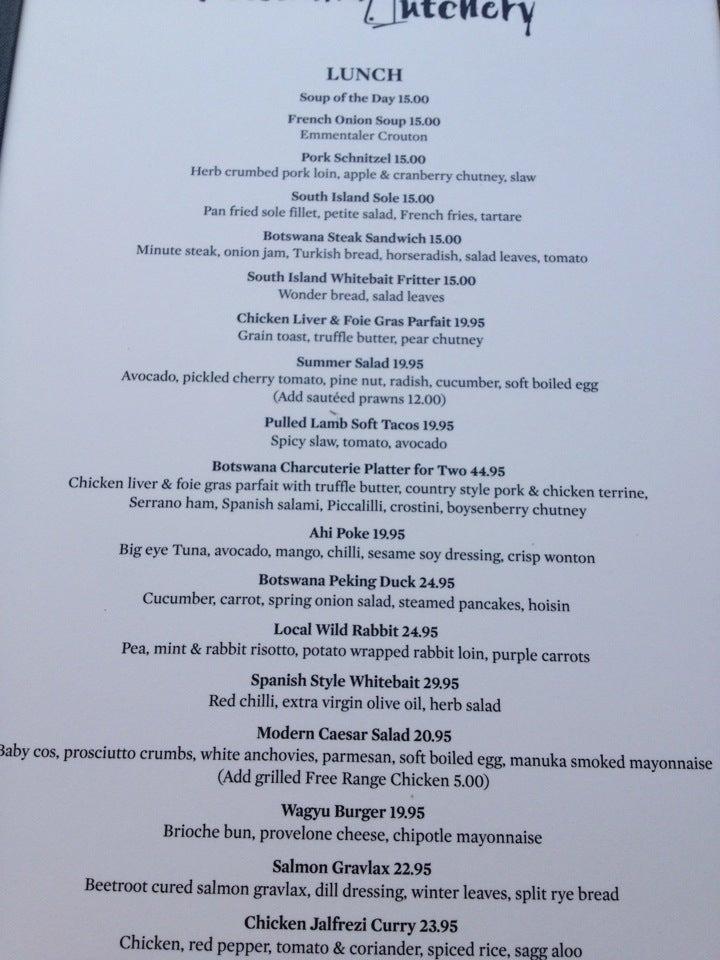 Menu at Botswana Butchery pub & bar, Queenstown, 17 Marine Parade