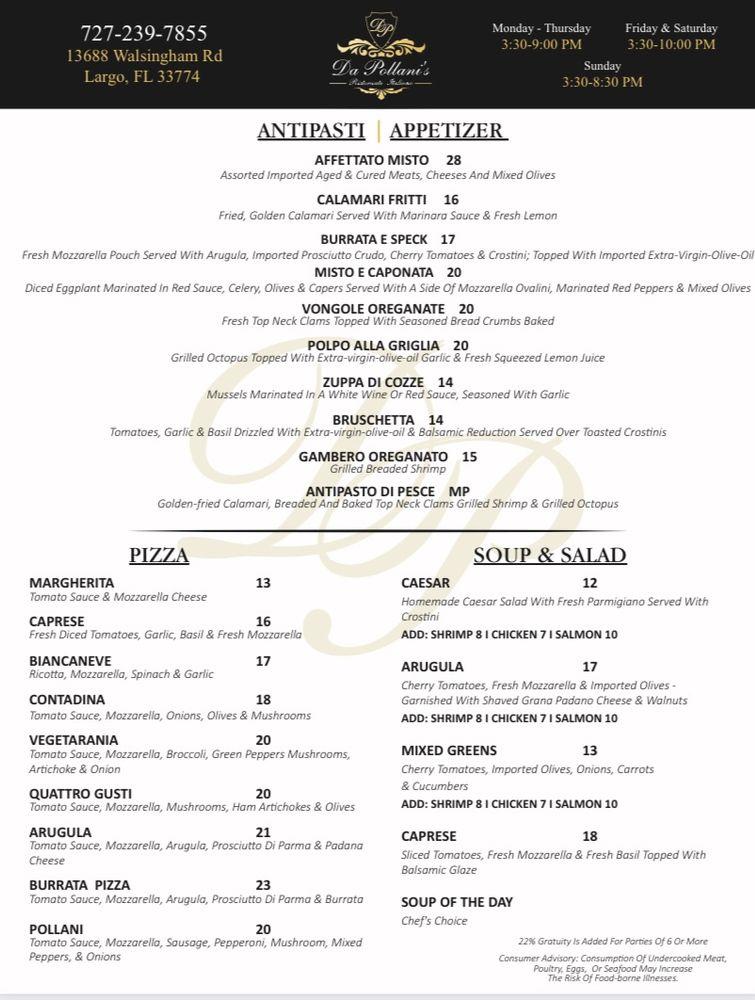 Menu at Da Pollani’s pizzeria, Largo