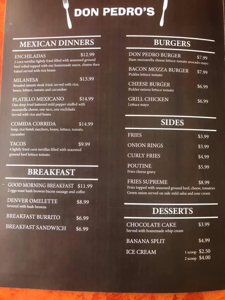 Menu at Don Pedro's Mexican Family Restaurant, Yellow Grass