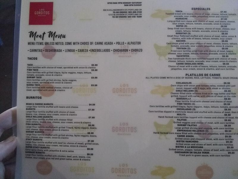 Menu at Los Gorditos restaurant, Portland, 902 N Killingsworth St