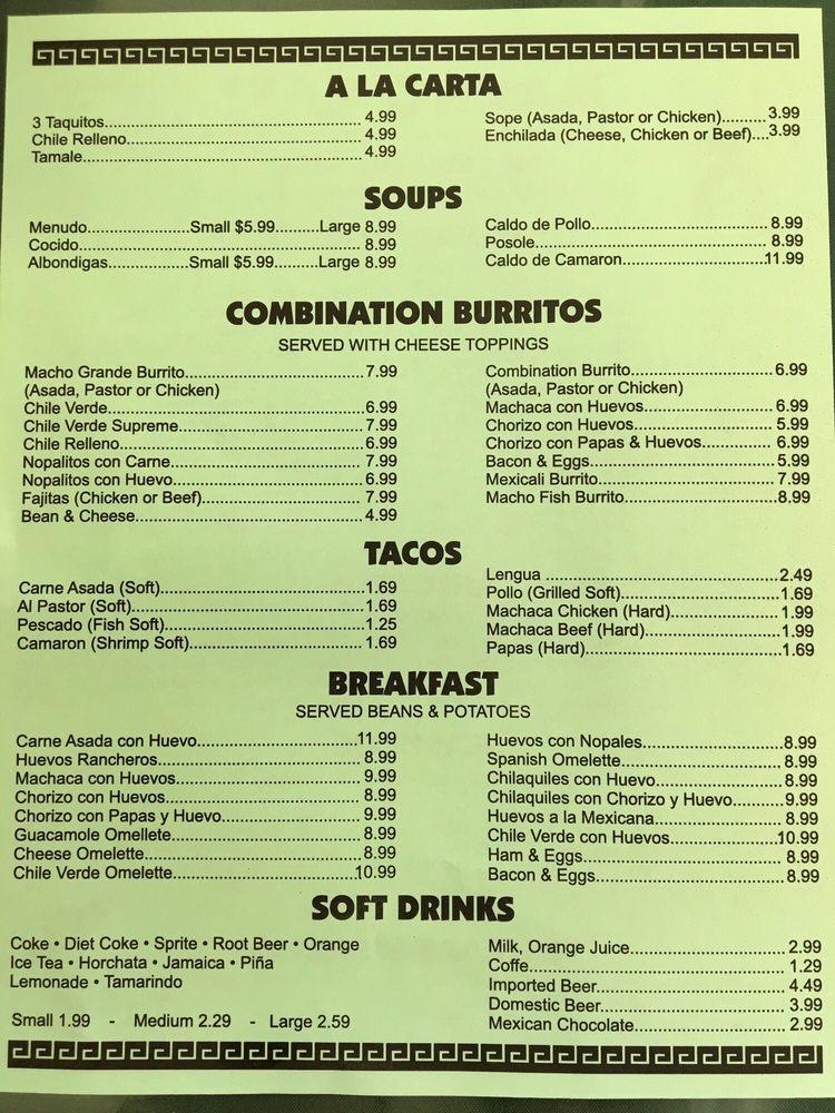 Menu at Macho Cafe Mexican Food, San Gabriel