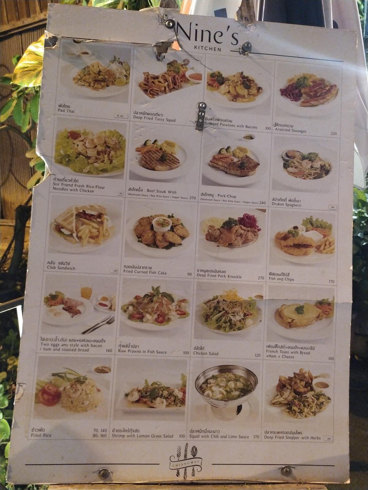 Menu at Nine's Kitchen restaurant, Chiang Mai