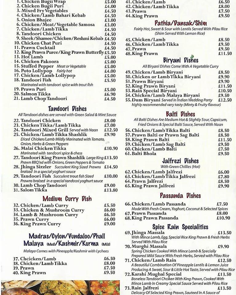 Menu at Spice Rain restaurant, Rainham