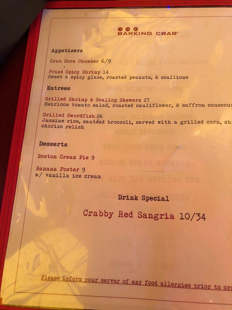 Menu at The Barking Crab, Boston