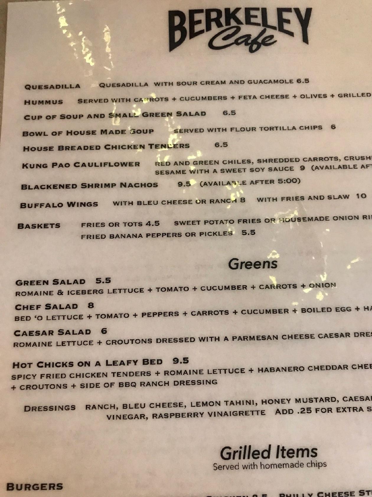 Menu at Berkeley Cafe, Raleigh
