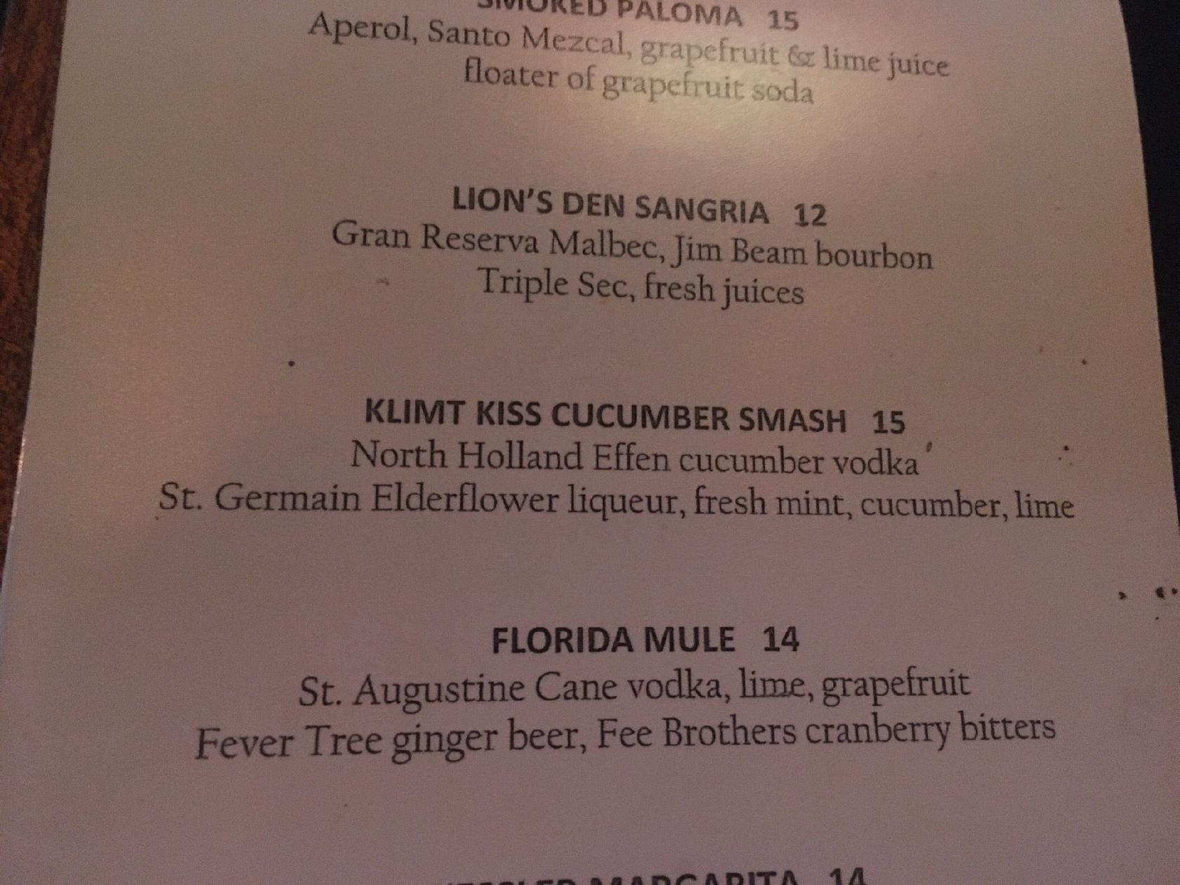 Menu at Bosendorfer Lounge restaurant, Orlando
