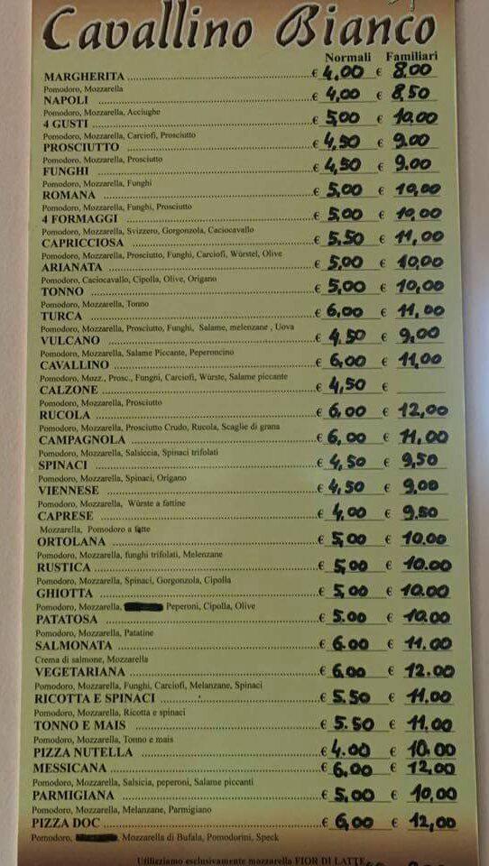 Menu at Cavallino Bianco restaurant, Balestrate