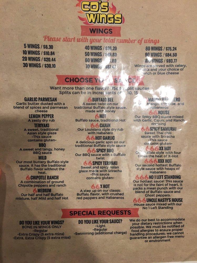 Menu at CD's Wings restaurant, Westminster