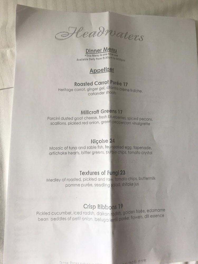 Menu at Headwaters Restaurant at Millcroft Inn & Spa, Caledon
