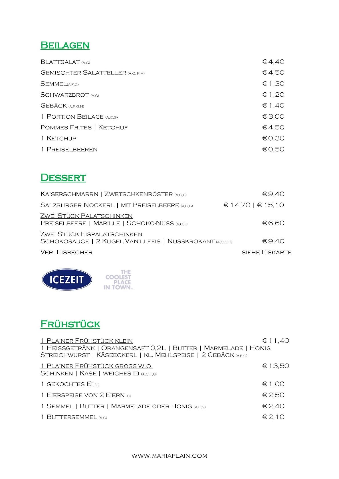Speisekarte von Gasthof Maria Plain restaurant, Bergheim bei Salzburg