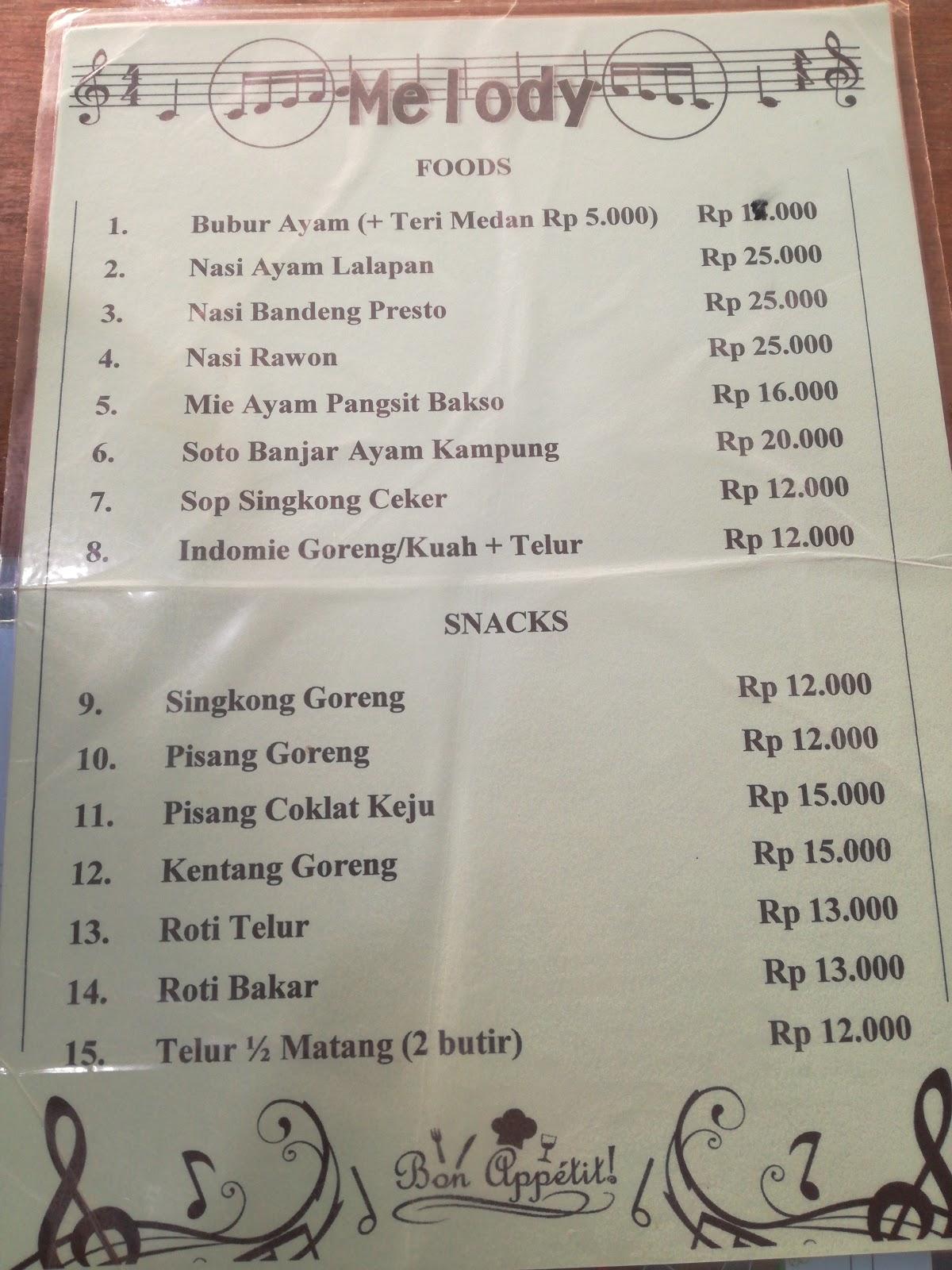 Menu at Kedai Melody restaurant, Balikpapan