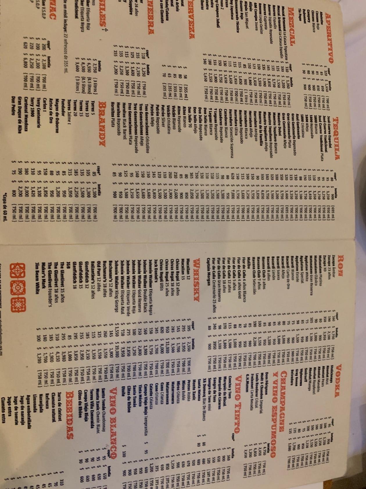 Menu at La Calaca pub & bar, Mexico City, Centenario 2