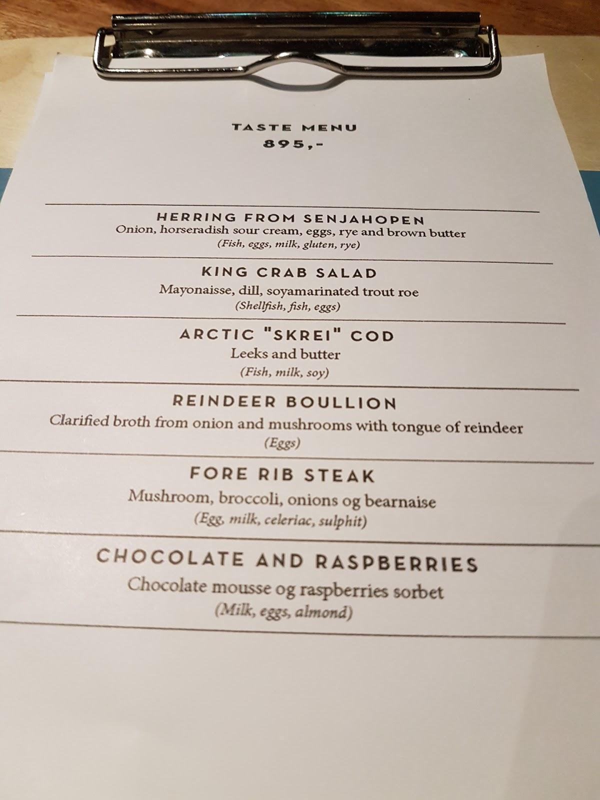 Menu at Mathallen Tromsø restaurant, Tromsø