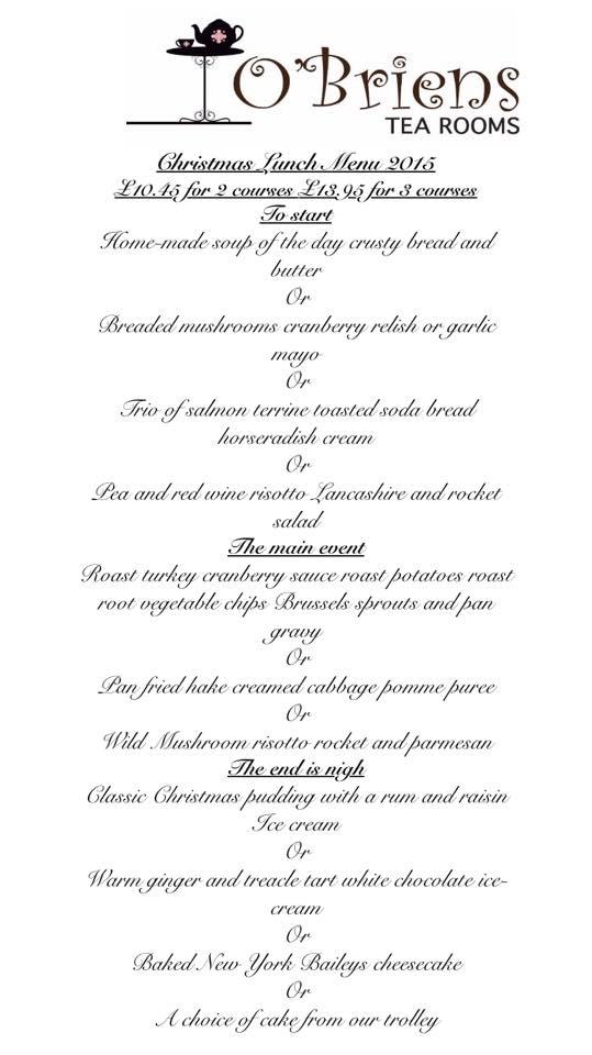 Menu at O'Briens Tea Rooms cafe, Ormskirk