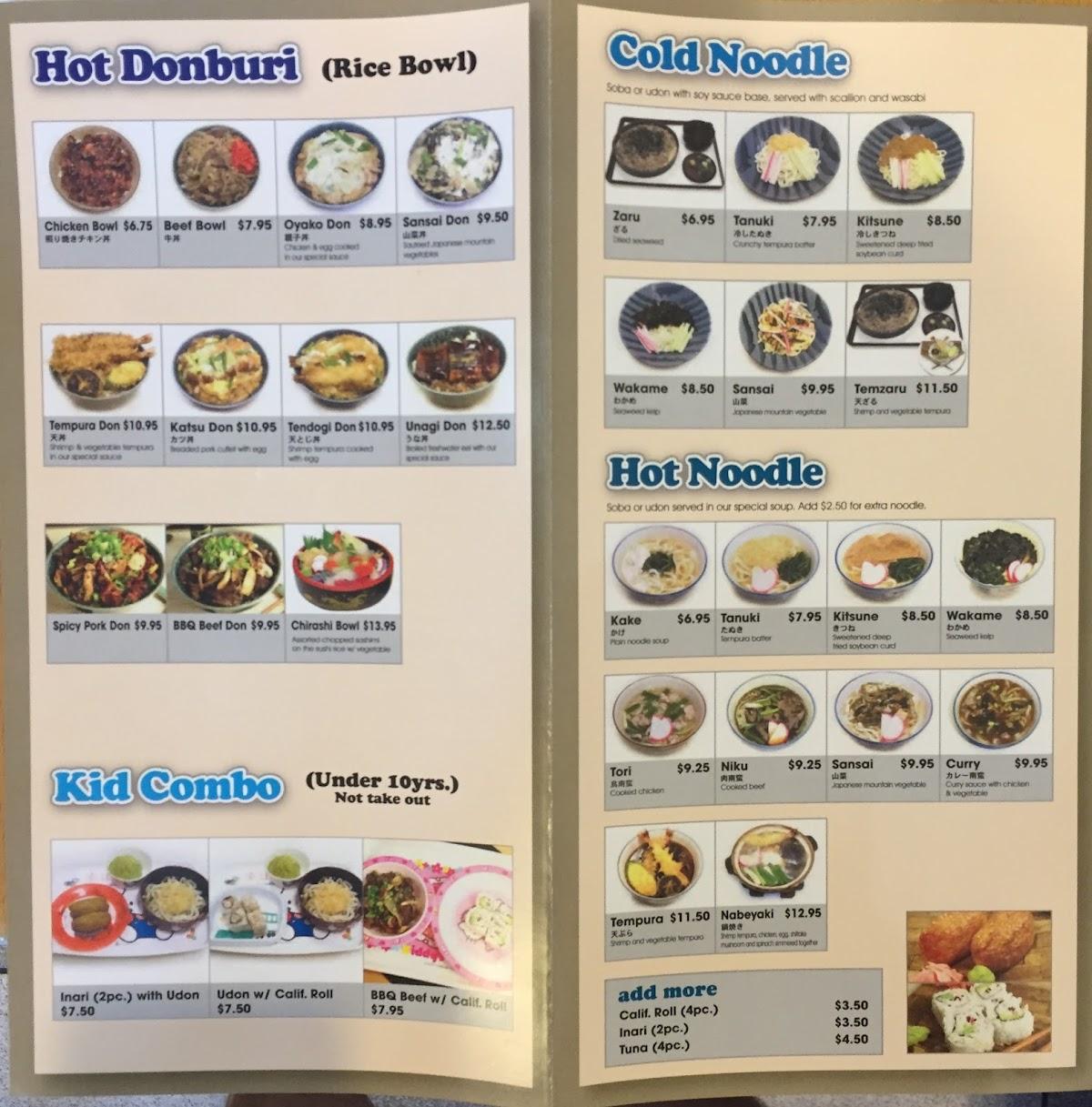 Menu at Ozeki Noodle restaurant, Oxnard