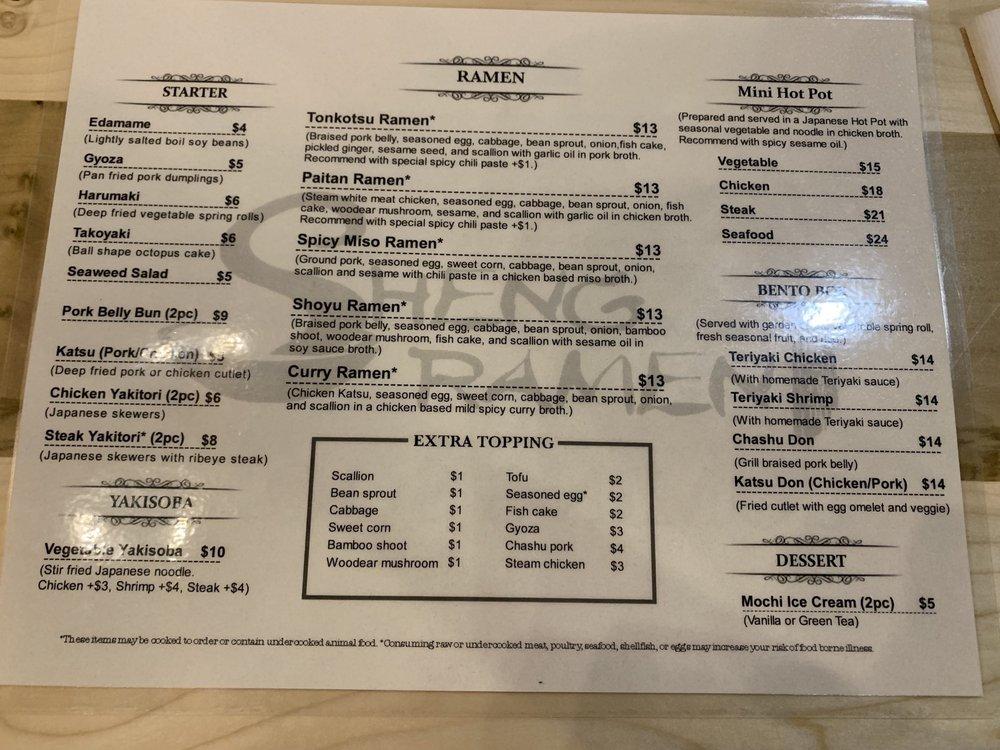 Menu at Sheng Ramen Ballantyne restaurant, Charlotte