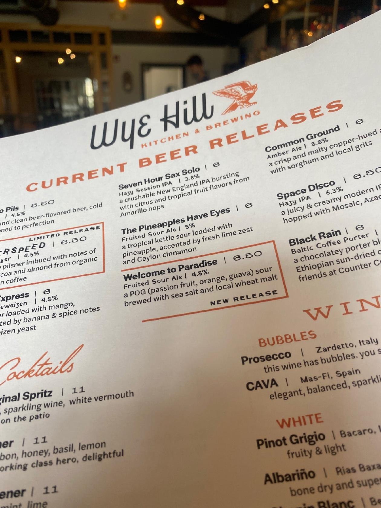 Menu at Wye Hill Kitchen & Brewing pub & bar, Raleigh