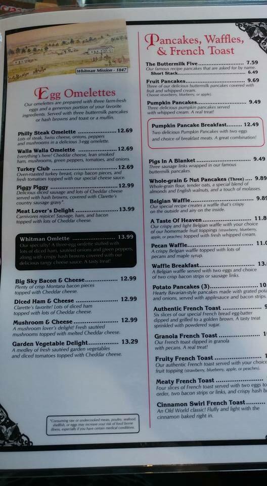 Menu at Clarette's Restaurant, Walla Walla, 15 S Touchet St