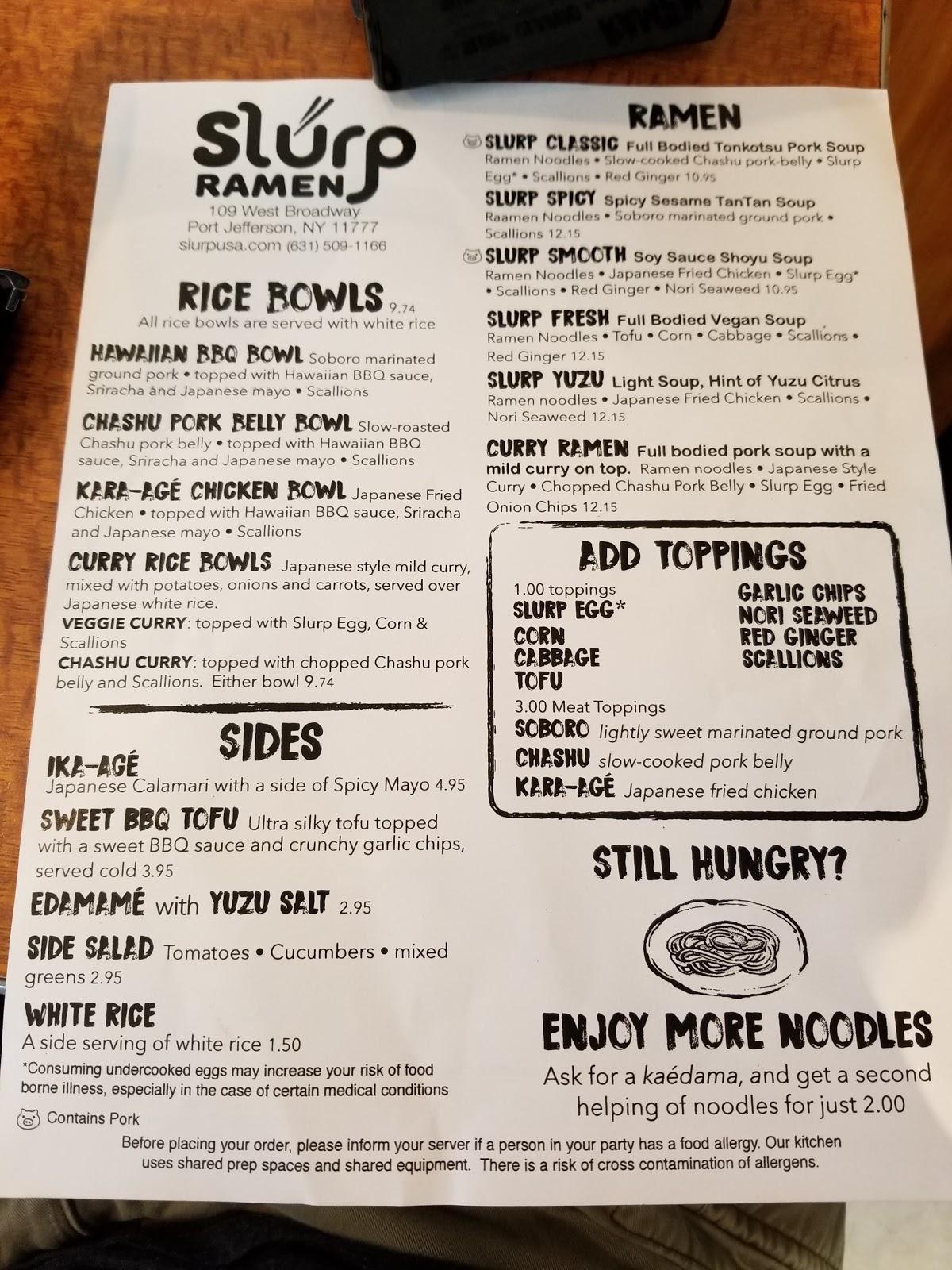Menu at Slurp Ramen restaurant, Port Jefferson