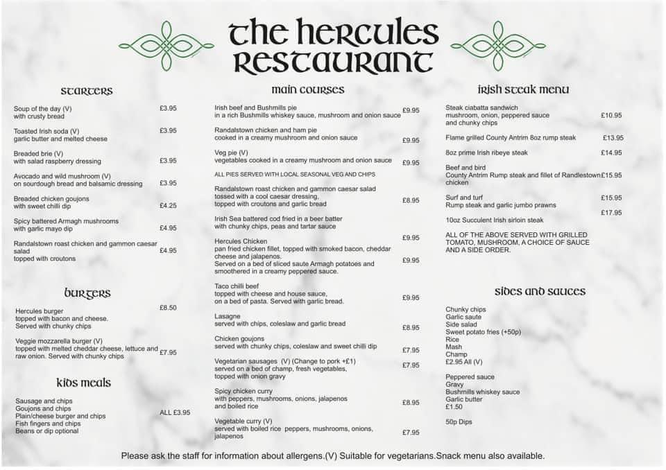 Menu at The Hercules Bar, Belfast