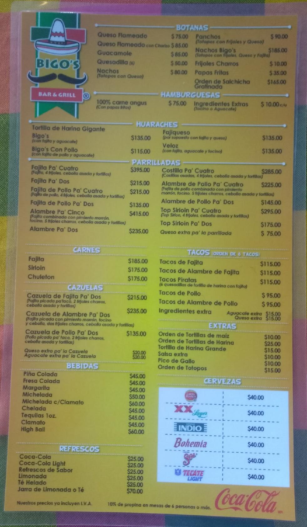 Menu at BIGOS BAR & GRILL, Matamoros, Av. Gral. Lauro Villar 997
