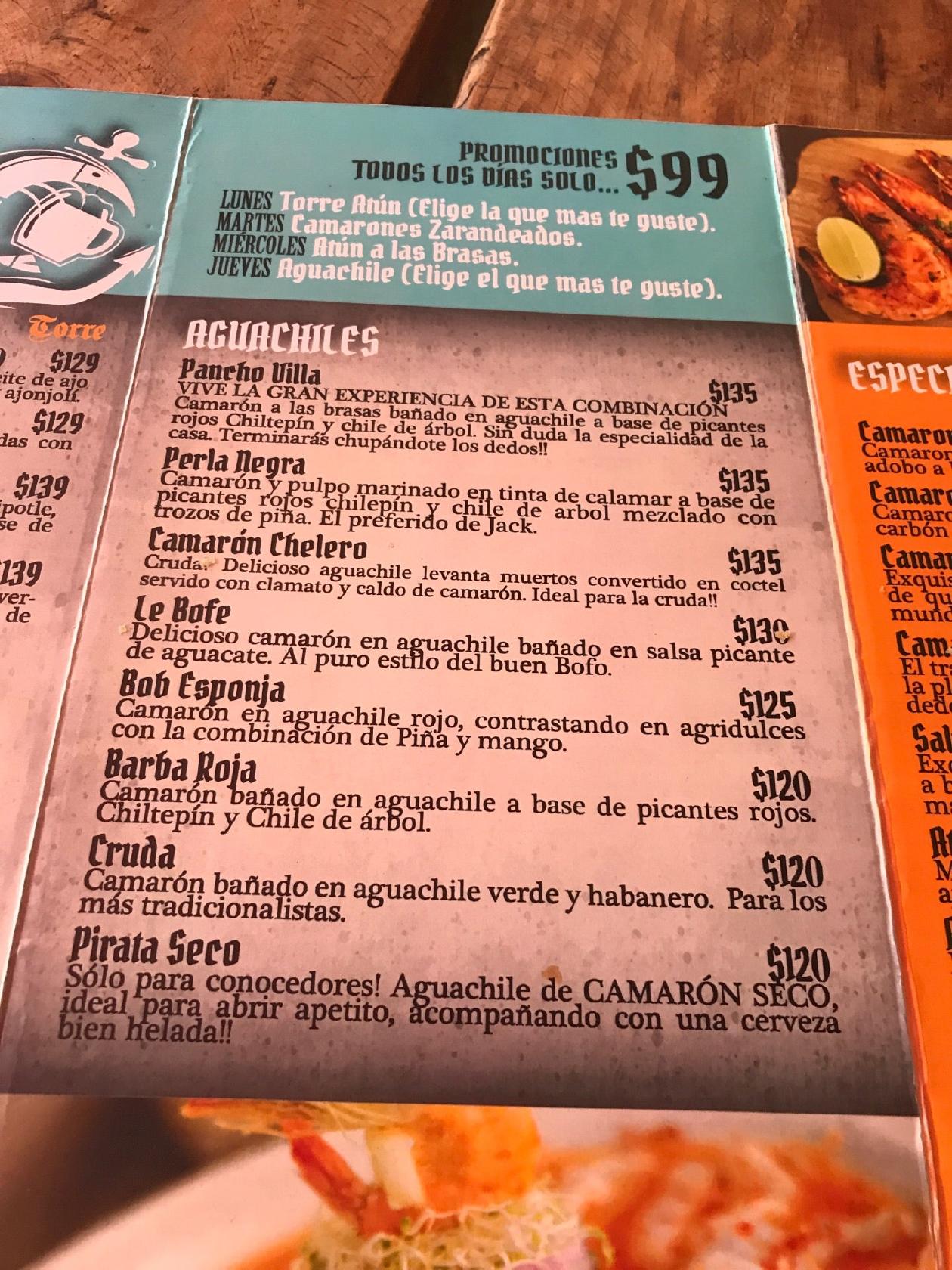 Menu at Camaron Chelero restaurant, Guadalajara