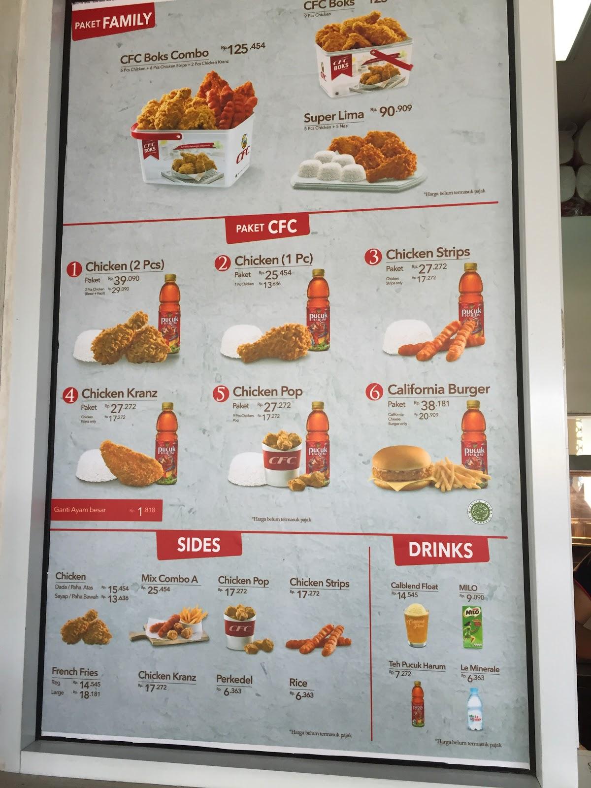 Menu at CFC Taman Impian Jaya Ancol restaurant, North Jakarta