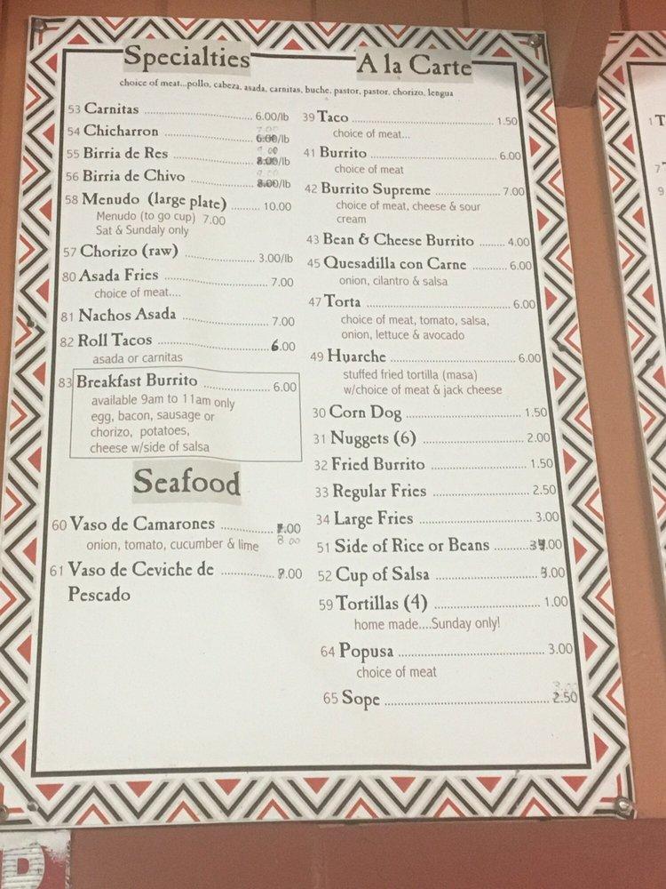Menu at Carnitas Barajas, Planada